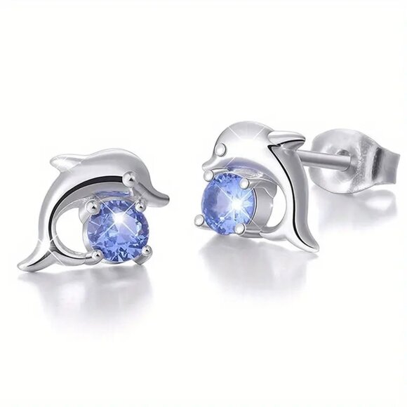 Jewelry | Beautiful Dolphin And Blue Zircon Stud Earrings | Poshmark